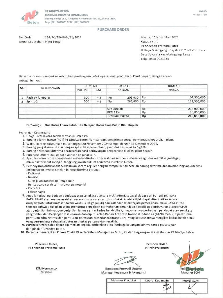 PO 234_Serpan Split-Pasir PT Sheehan Pratama Putra | PDF