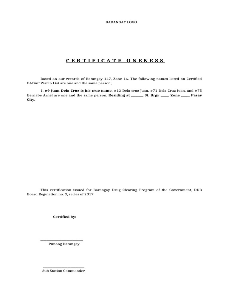 Sample Certificate of Oneness 2024 | PDF