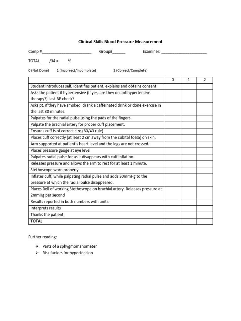 Blood Pressure Measurement Skills Guide | PDF