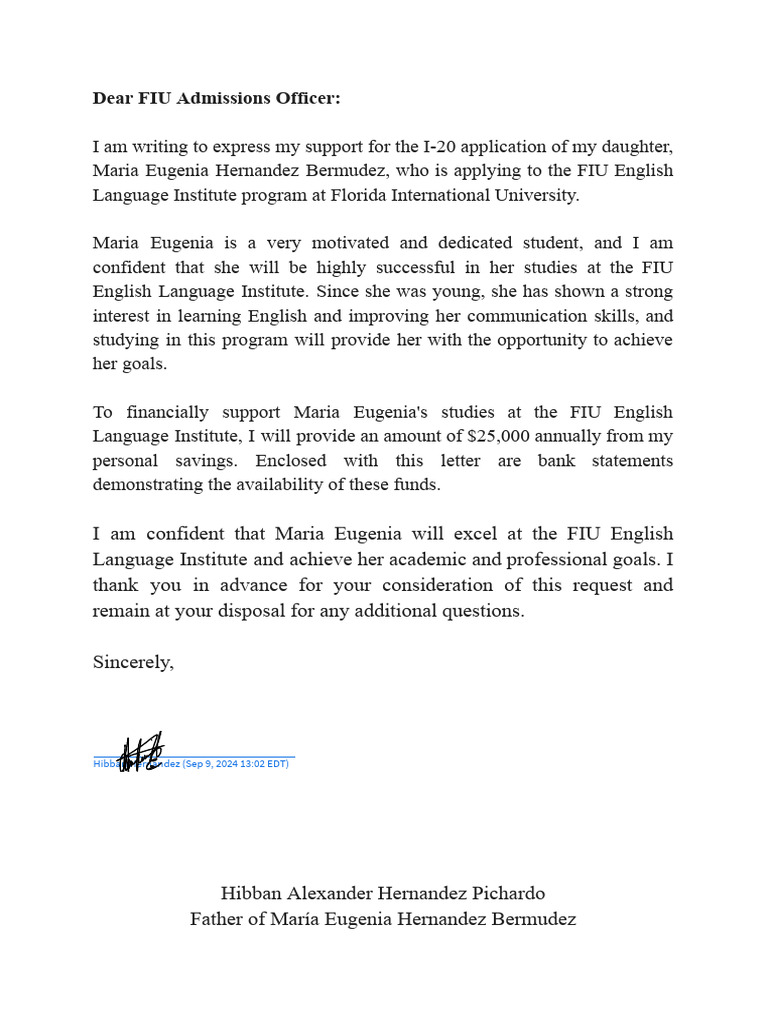 Support Letter for FIU I-20 Application | PDF