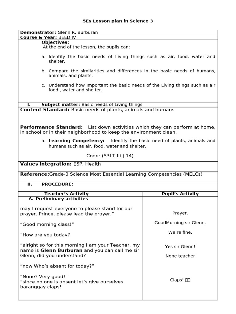 Basic Needs of Living Things Lesson Plan | PDF | Breathing | Plants