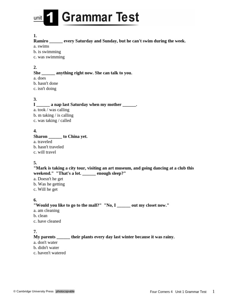 Four Corners 4 Unit 1 Grammar Test | PDF
