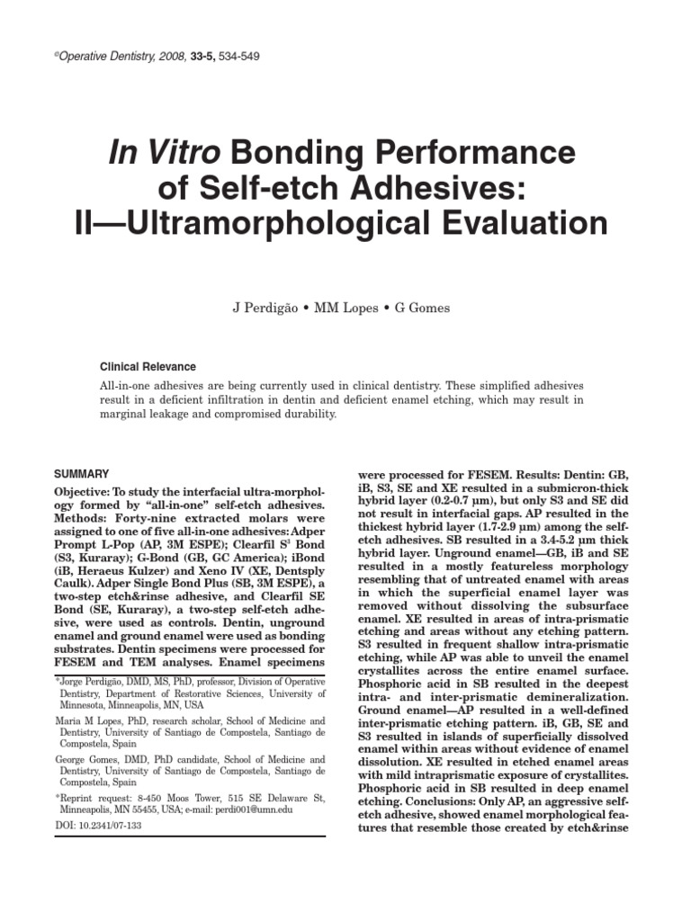 In Vitro Bonding Performance of Self Etch Adhesives II ...