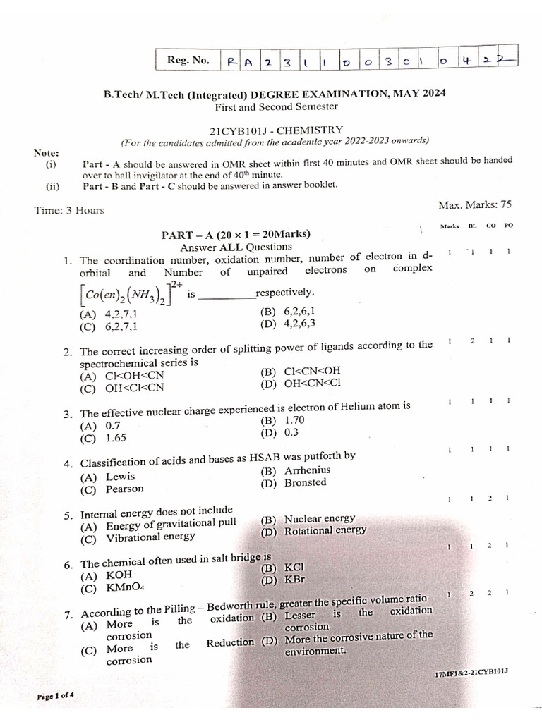Chemistry - End SEM - May-2024 | PDF