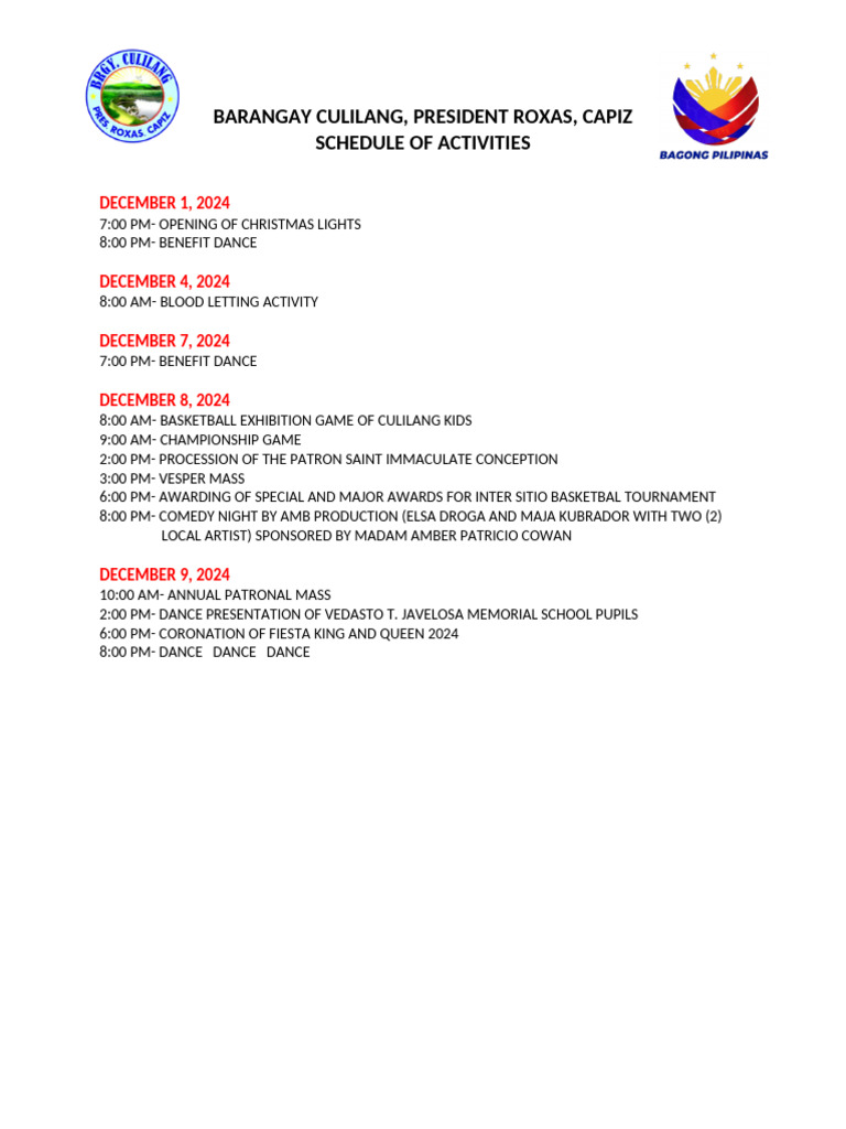 Barangay Culilang December 2024 Events | PDF