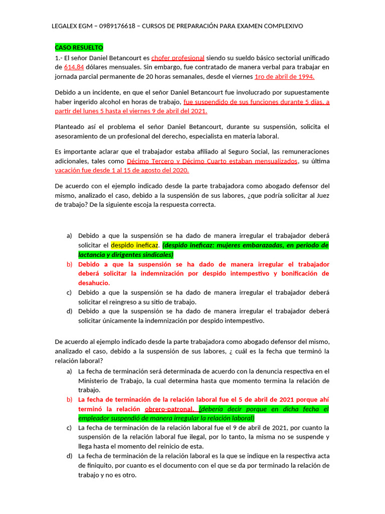 CASO PRACTICO LABORAL resuelto por LEGALEX | PDF