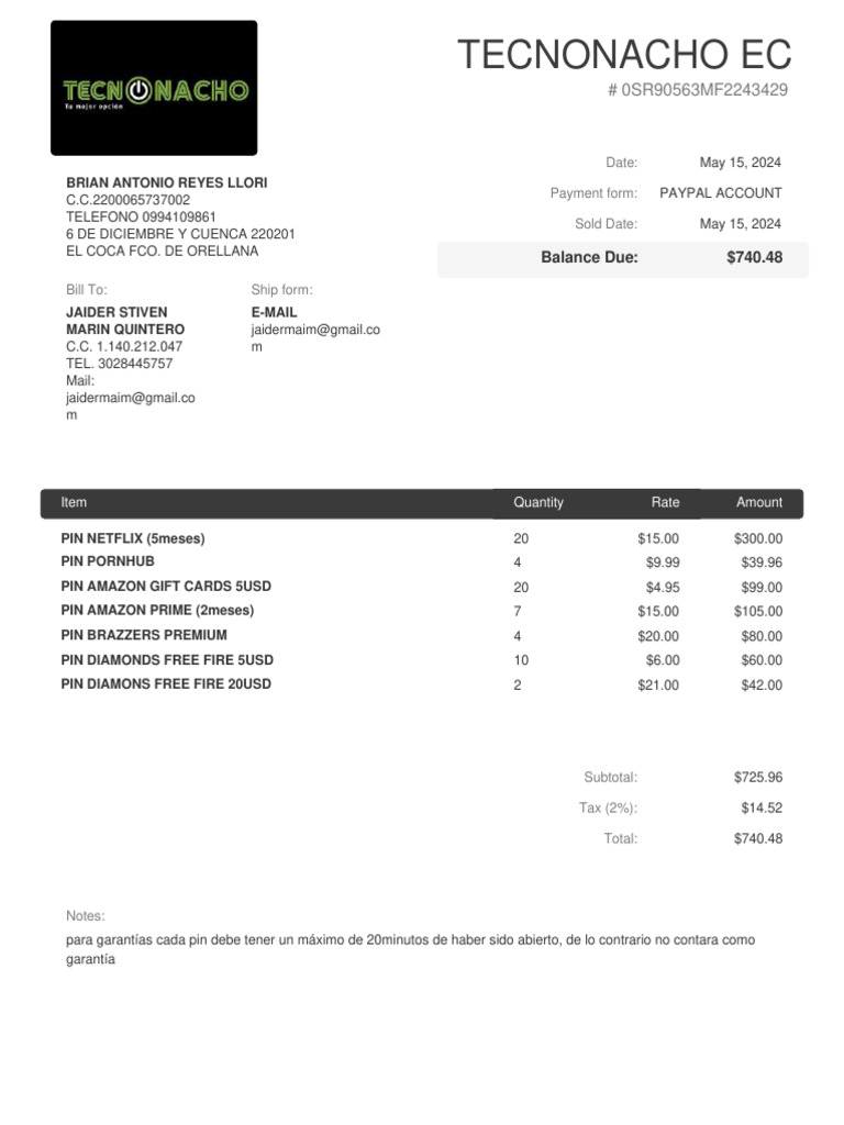 Invoice for Digital PIN Purchases | PDF