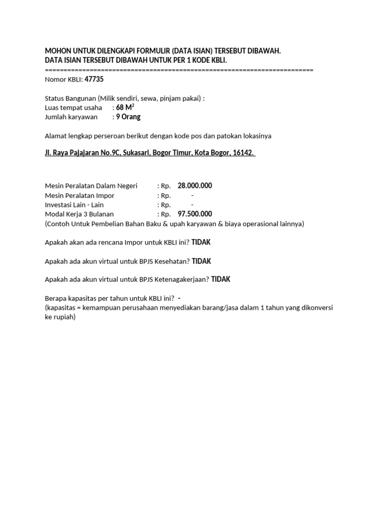 Formulir Oss Per Kbli On | PDF