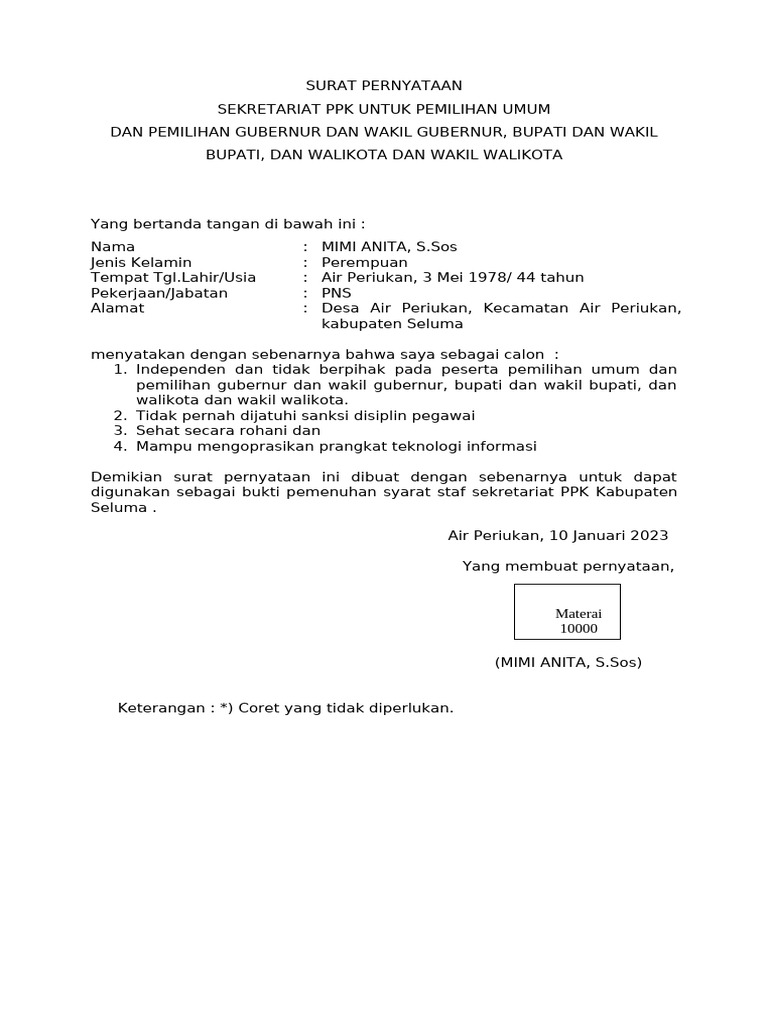 Surat Pernyataan PPK Pps | PDF