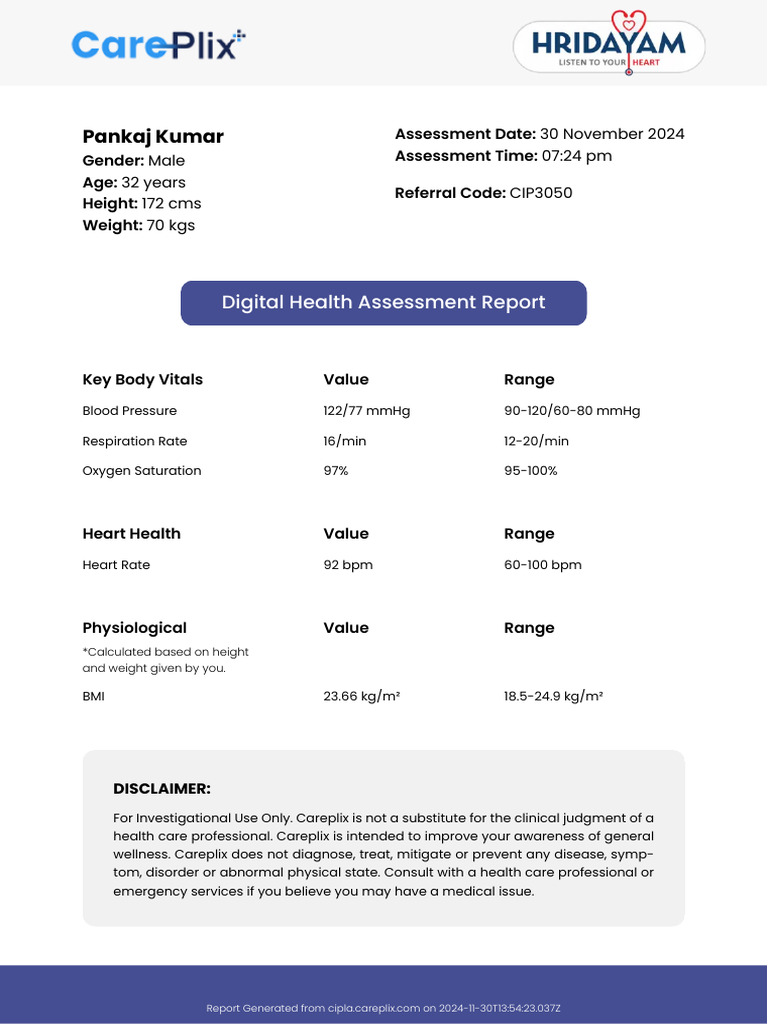CarePlix ScanResult Report 2024 11 30T13 - 54 - 20.908Z | PDF | Heart | Heart Rate