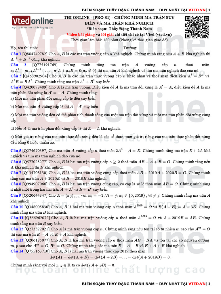 Thi Online - (PRO S1) - Chứng Minh Ma Trận Suy Biến Và Ma Trận Khả ...
