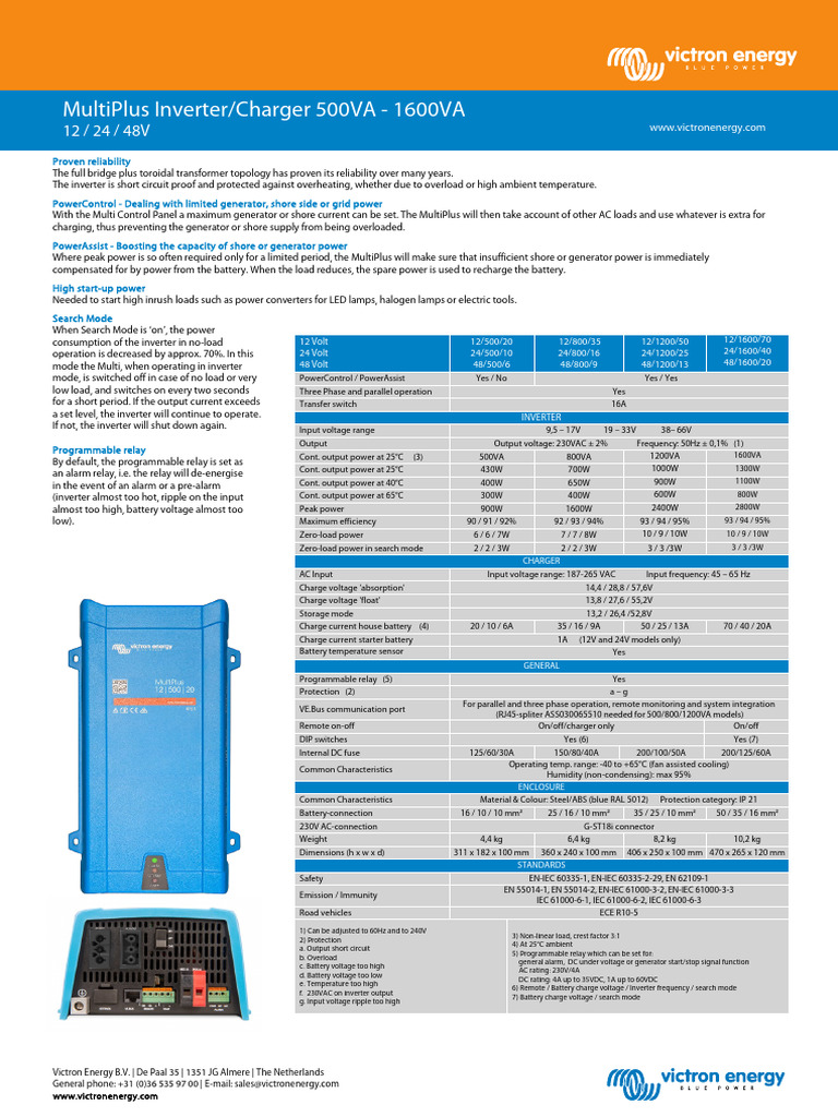Datasheet MultiPlus 500VA 1600VA en | PDF | Power Inverter | Battery Charger