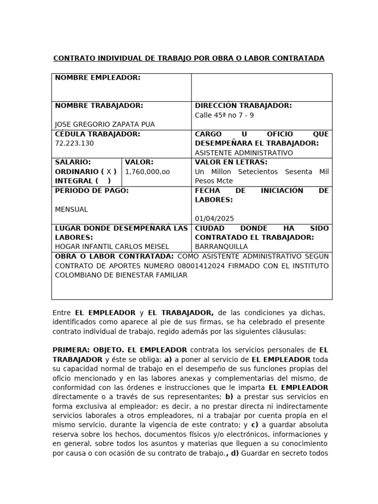 Contrato Por Obra Ajustado | PDF | Derecho laboral | Salario