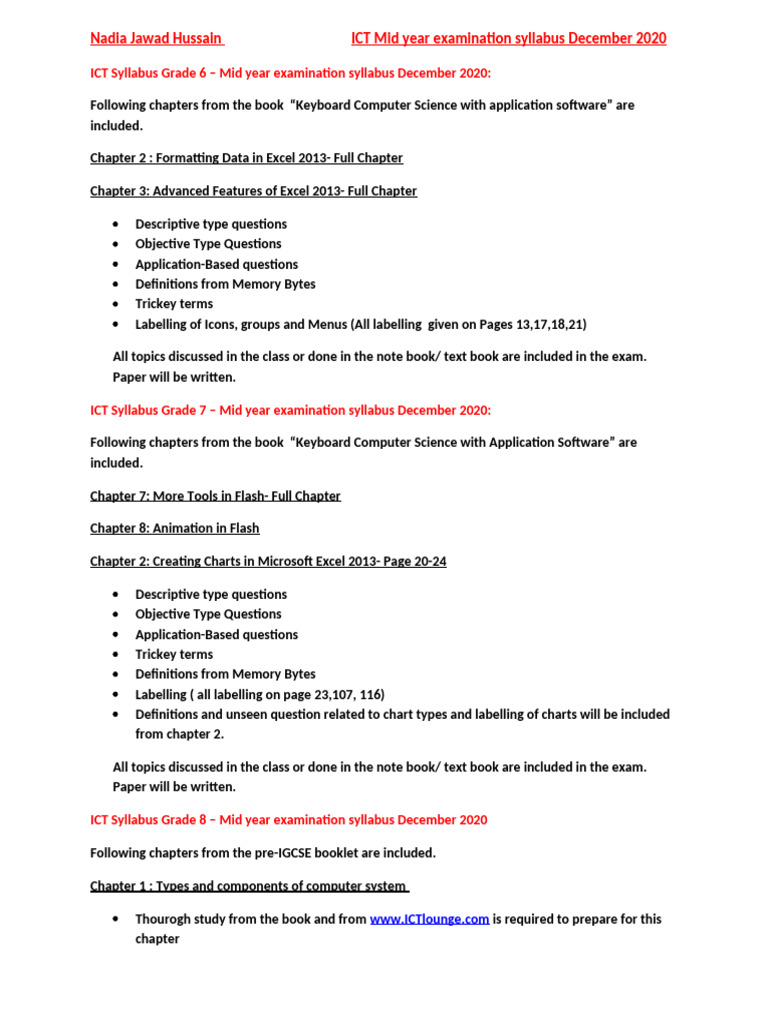 ICT Syllabus -Mid Year Examination December 2020 (1) | PDF