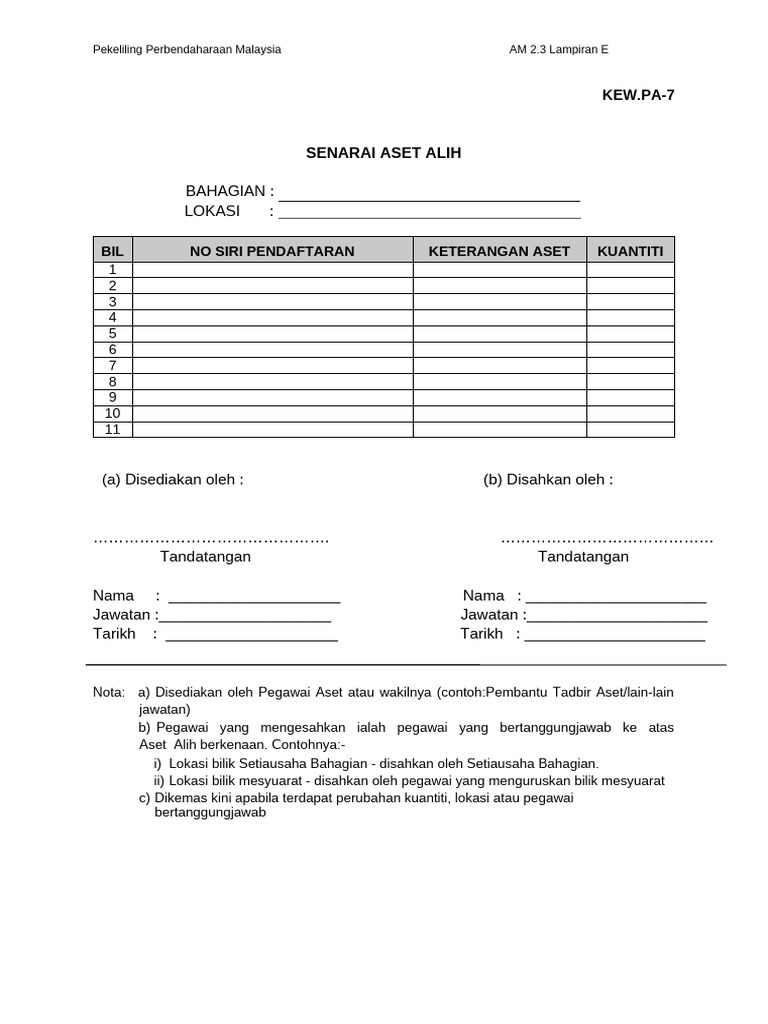 Kew - Pa-7 Borang Senarai Aset Alih | PDF