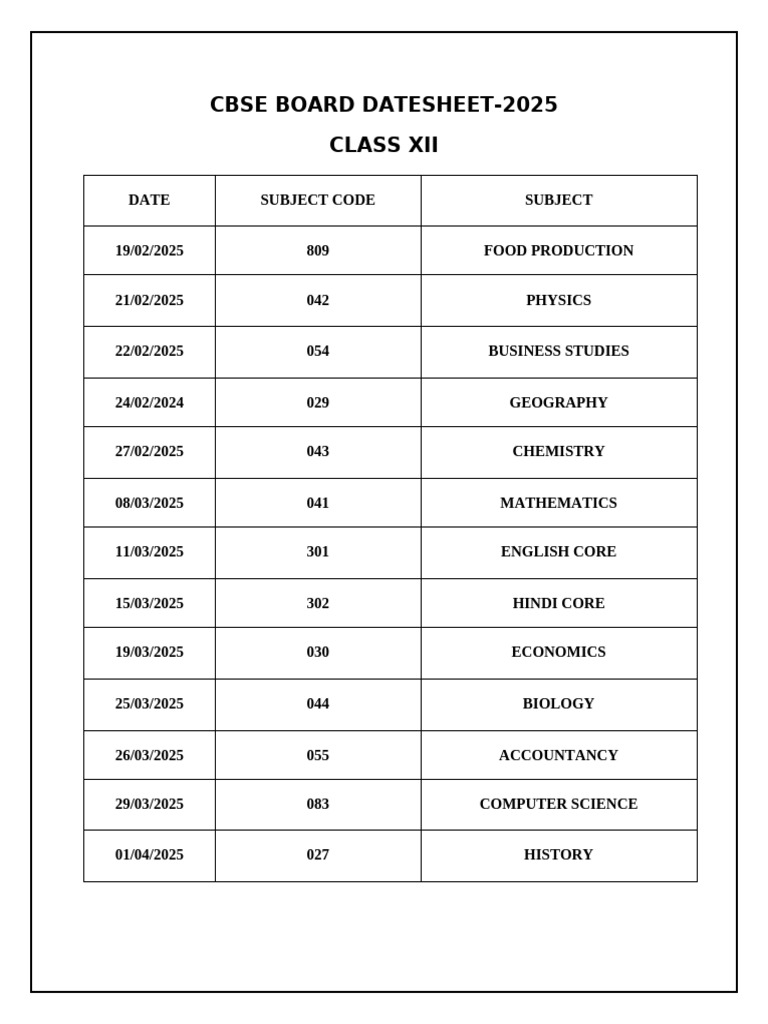 CBSE Class 12 Date Sheet 2025 | PDF
