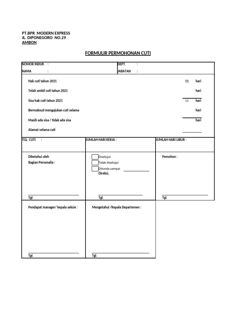 Formulir Cuti PT. BPR Modern Express | PDF
