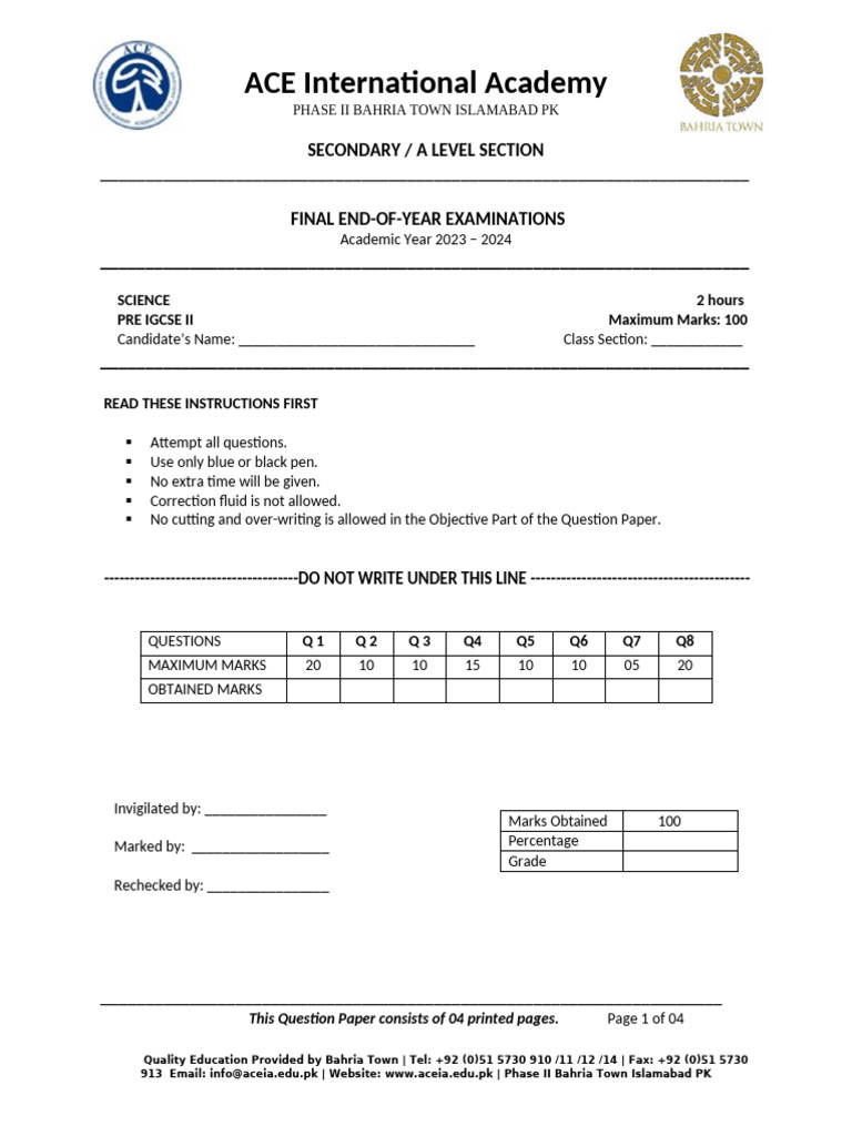 ACEIA - End of Year Examination Top Sheet | PDF