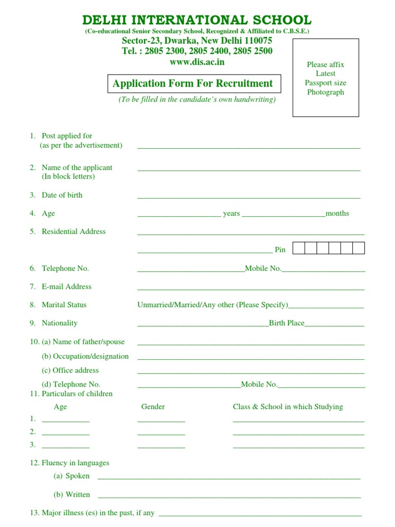 Delhi International School: Application Form For Recruitment | PDF ...