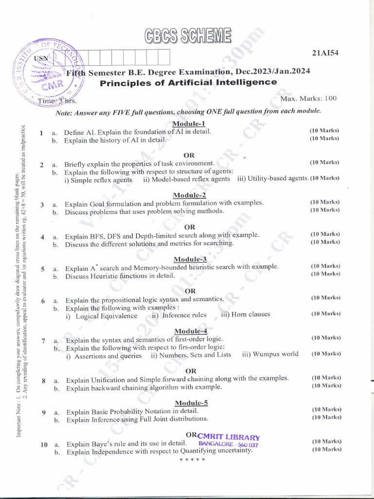 Vtu Question Paper Of 21ai54 Principles Of Artificial Intelligence Jan