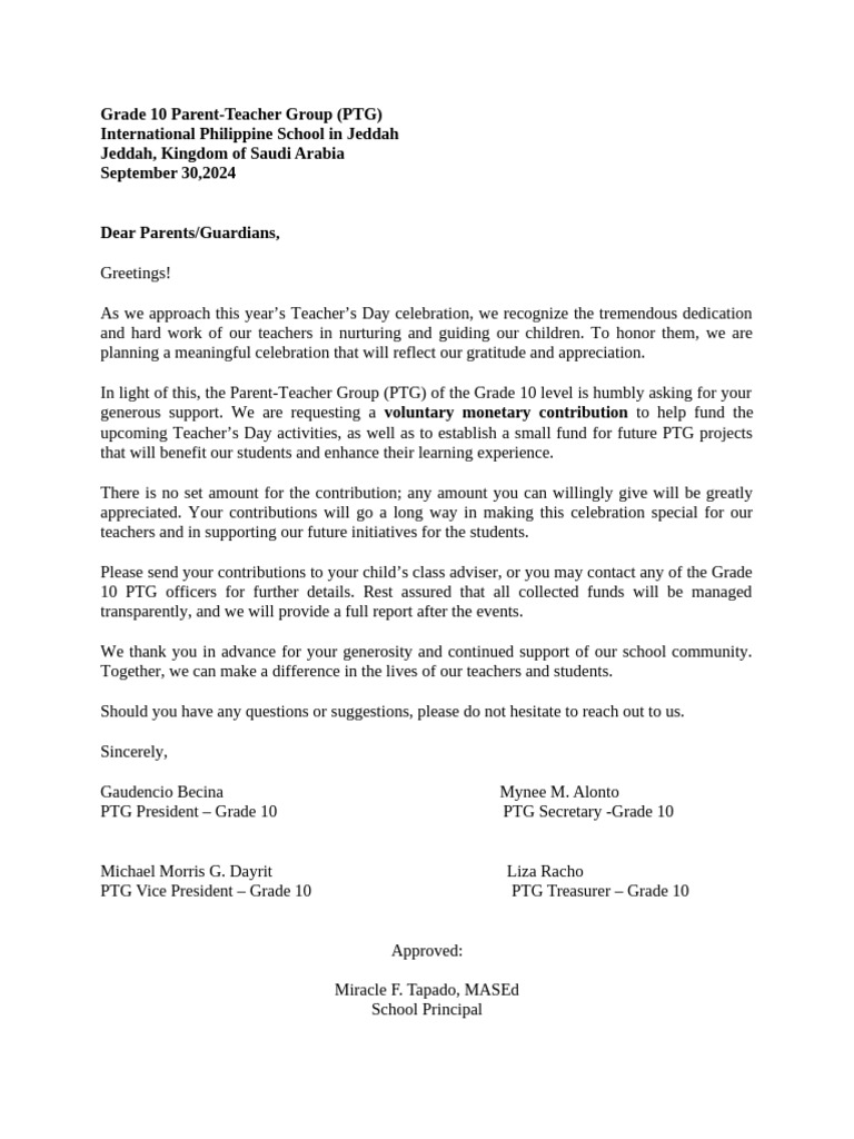 Grade 10 PTG Solicitation Letter | PDF