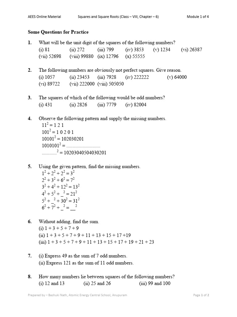 Viii Mat l06 m01 Square and Squareroot Worksheet | PDF | Number Theory | Ring Theory