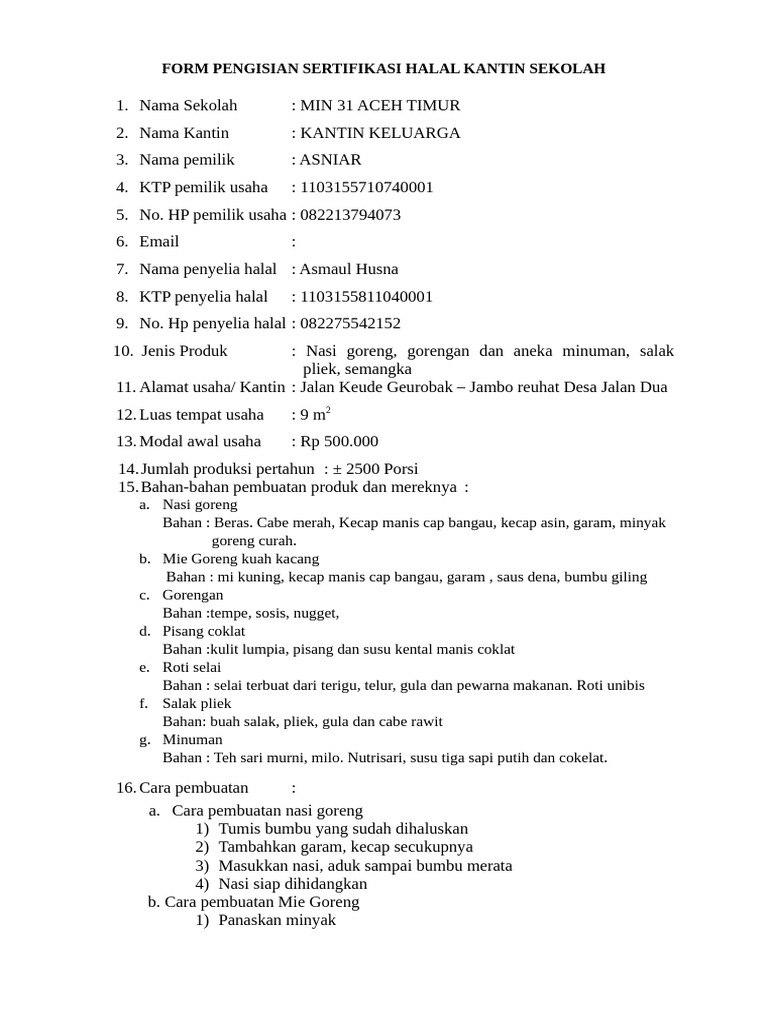 form sertifikasi kantin asniar | PDF