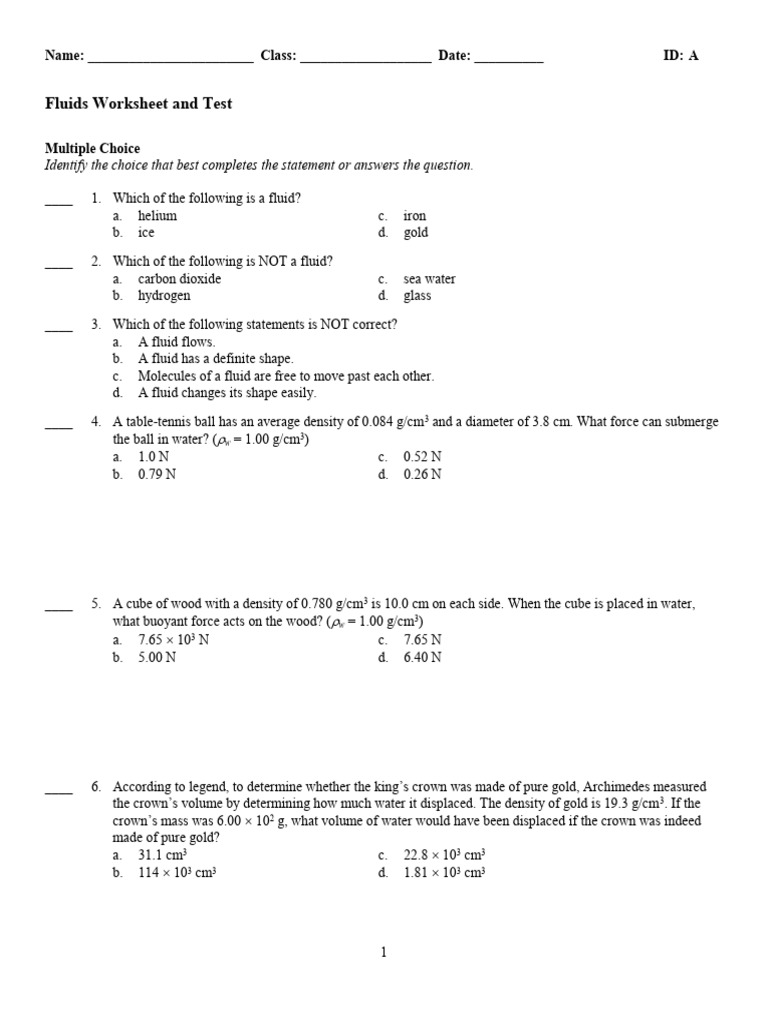 CH 9 Fluids Worksheet and Test All W Answers | PDF | Buoyancy | Weight