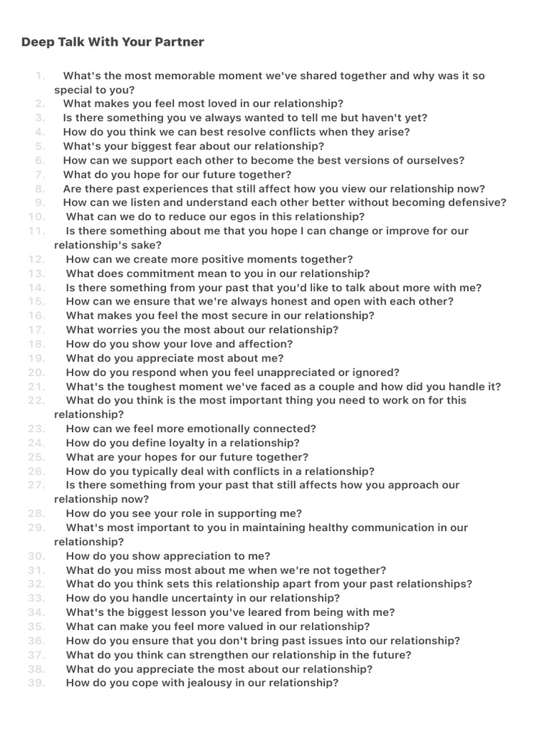 Deep Conversation Prompts for Couples | PDF | Interpersonal ...