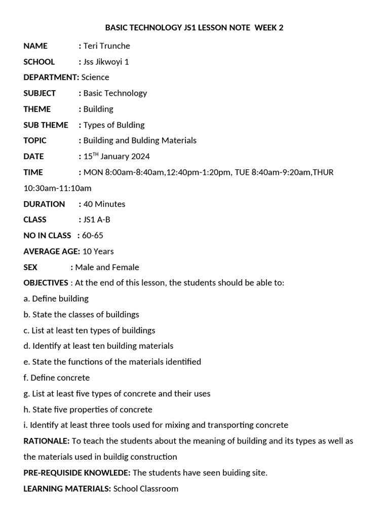 9641 - Lesson Note Week 2 Building Materials | PDF | Concrete | Cement
