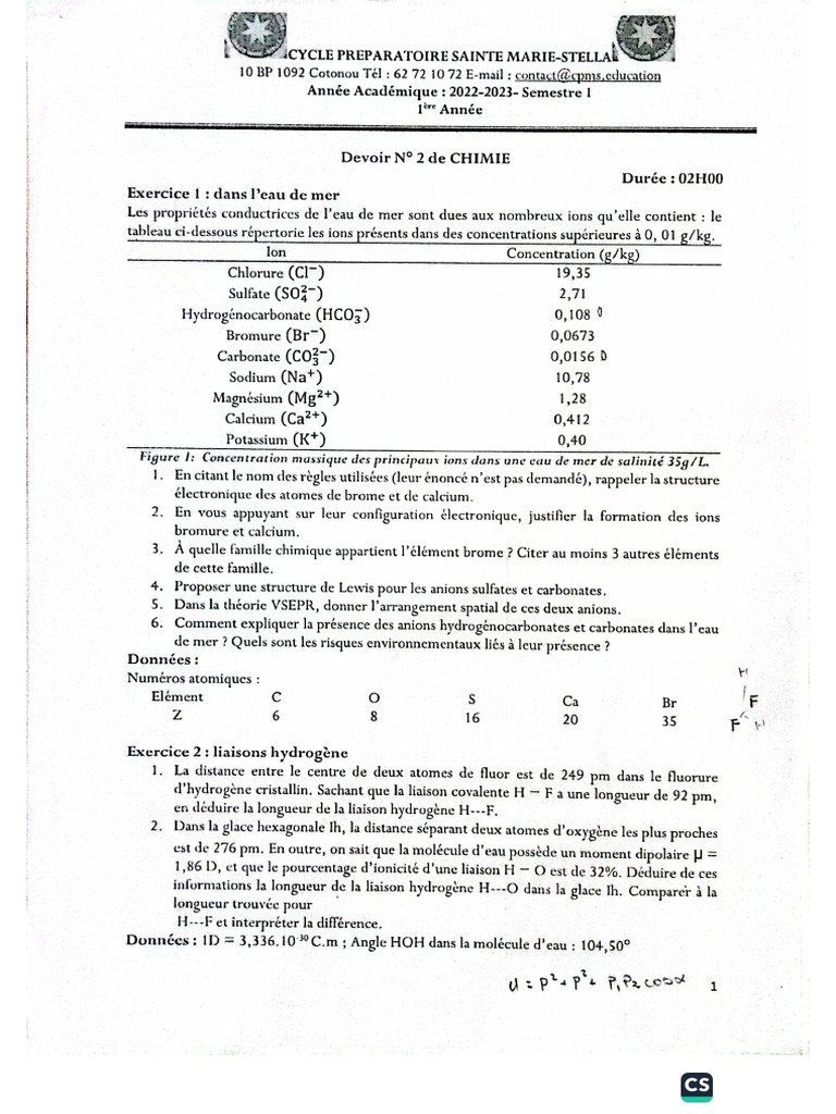 Devoir Chimie 2 | PDF