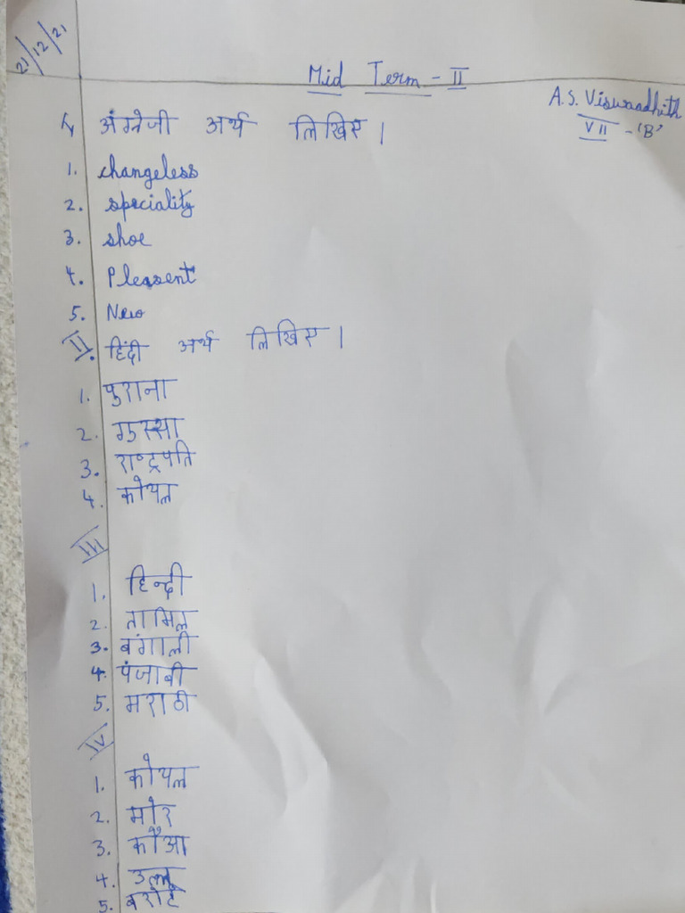 Viswaadhith VLL-B Hindi Mid-Term Exam | PDF