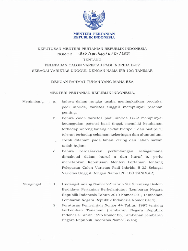 SK Pelepasan Padi Inbrida Ipb 10G Tanimar | PDF