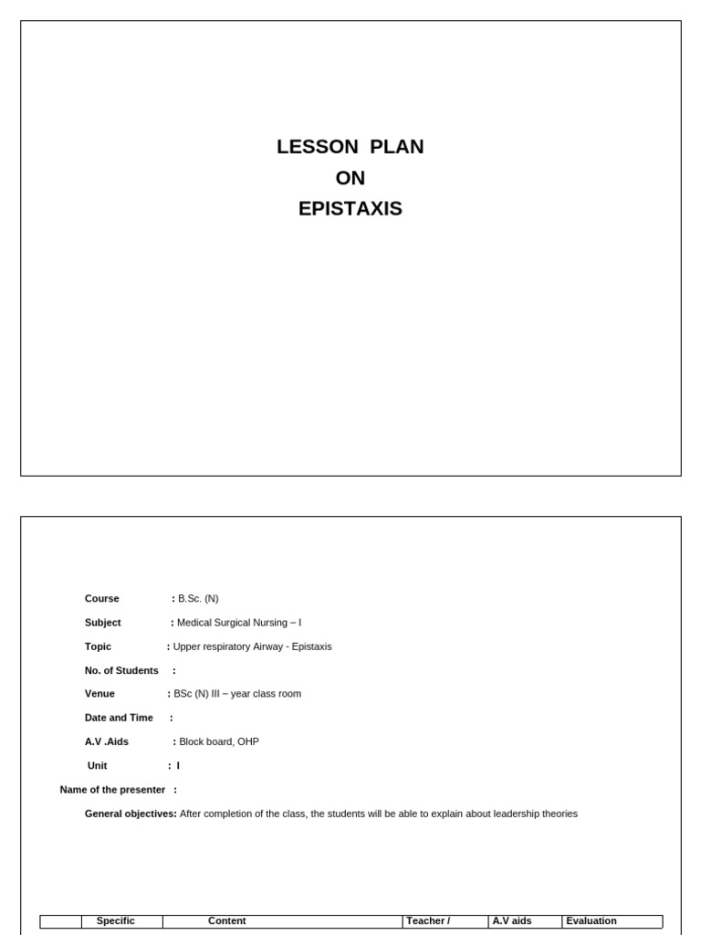 Lesson Plan on Epistaxis | PDF | Human Nose | Bleeding