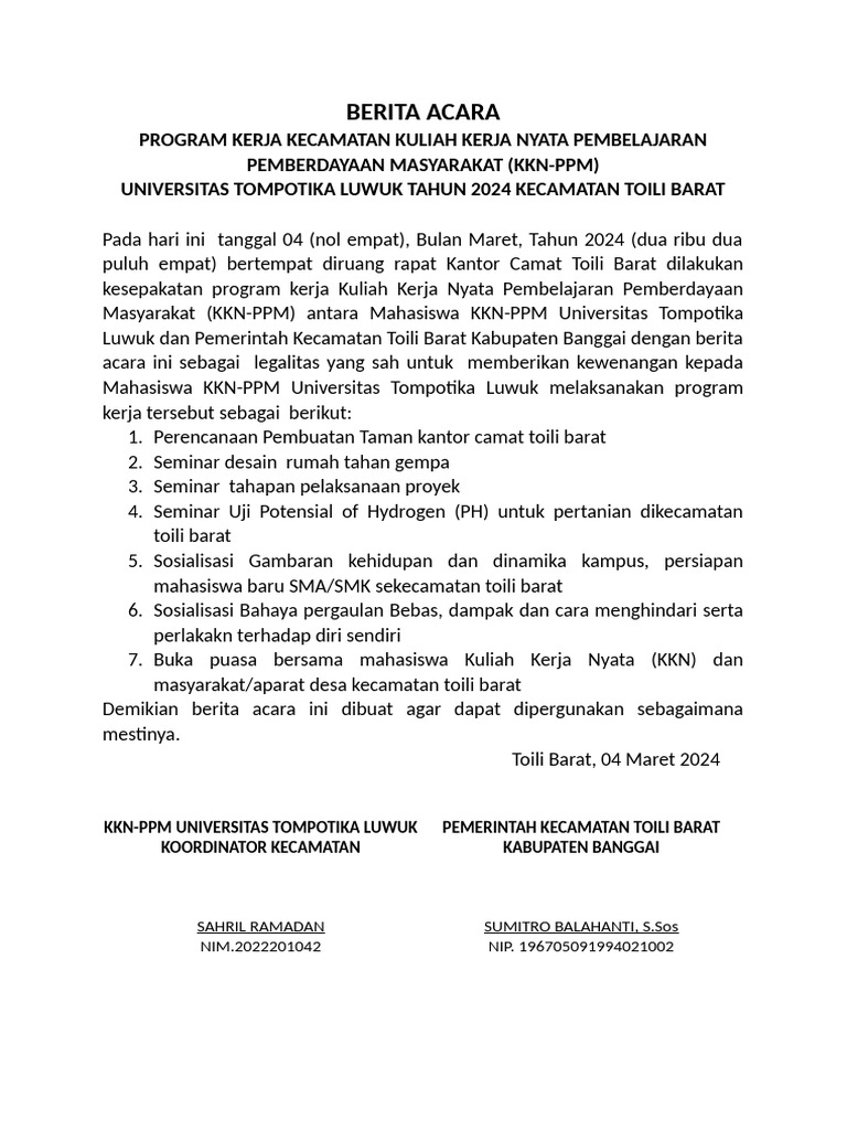 Berita Acara Proker Kecamatan | PDF