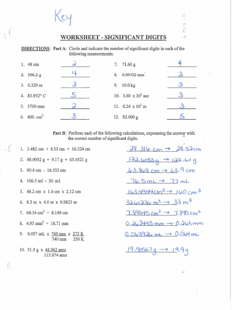 KEY -Worksheet - Significant Digits_Significant Figures Calculations | PDF