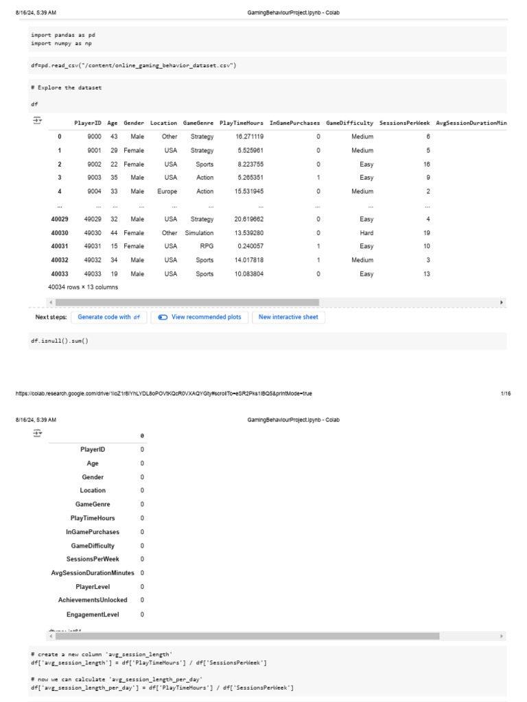 GamingBehaviourProject - Ipynb - Colab | PDF | Statistical Analysis | Teaching Mathematics
