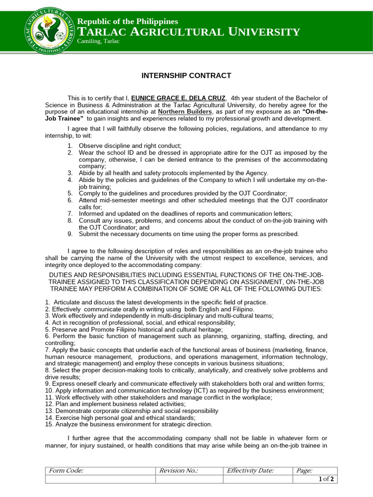 Tau Internship Contract | PDF | Business