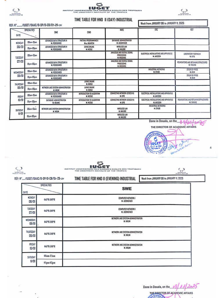 Time Table For HND II (Day and Evening) Industrial | PDF