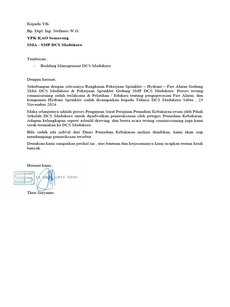 Surat Perihal Perijinan Pemadam Kebakaran DCS Madukoro | PDF