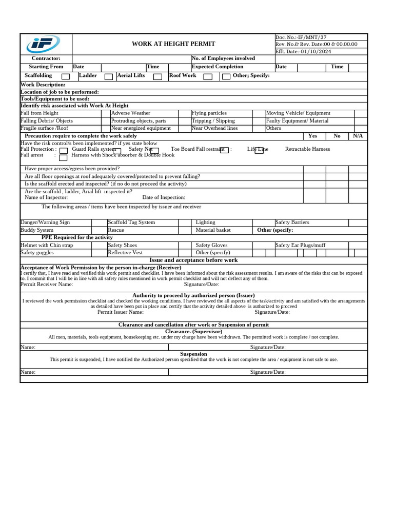 37. IF-MNT-37_Height Work Permit | PDF | Safety