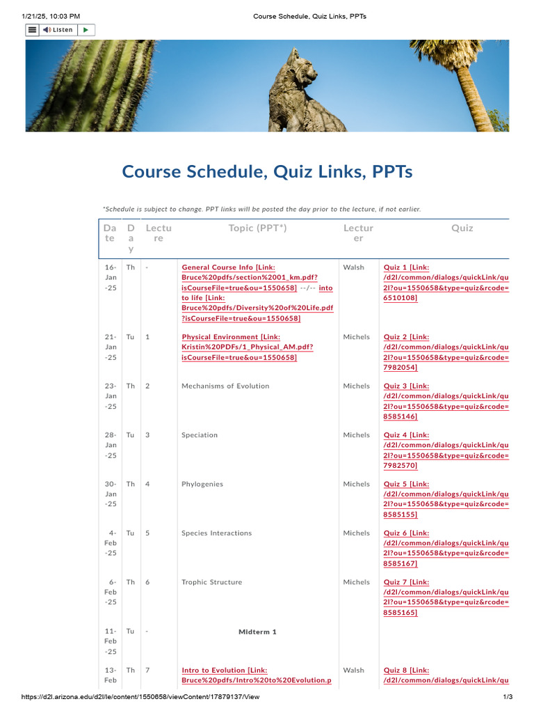 Schedule, PPTS, Quizzes - ECOL 182R SP25 001 | PDF | Evolutionary ...