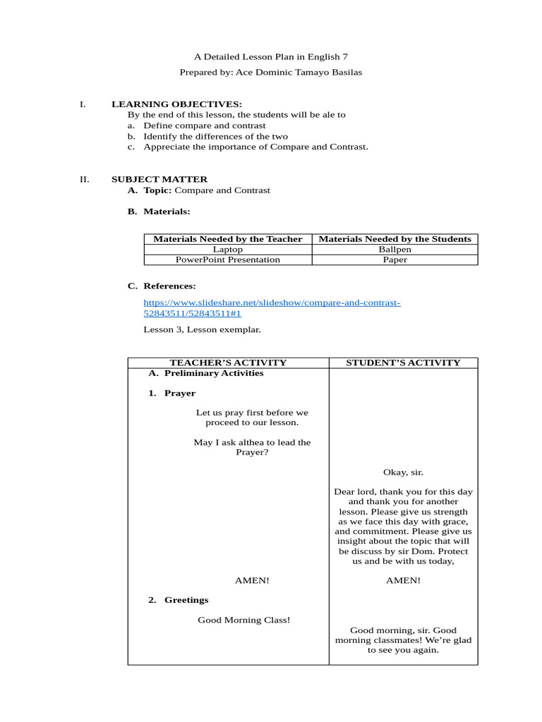 A Detailed Lesson Plan in English 7 | PDF | Cognition