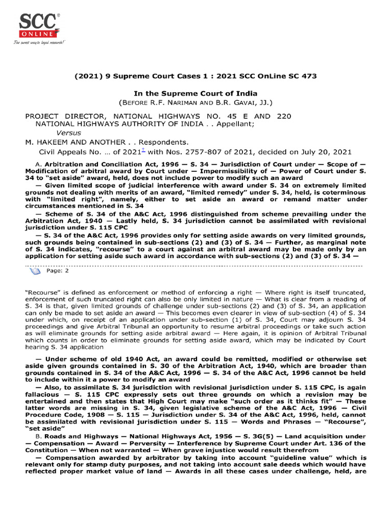 NHAI v. M. Hakeem, (2021) 9 SCC 1 | PDF | Separation Of Powers | Government