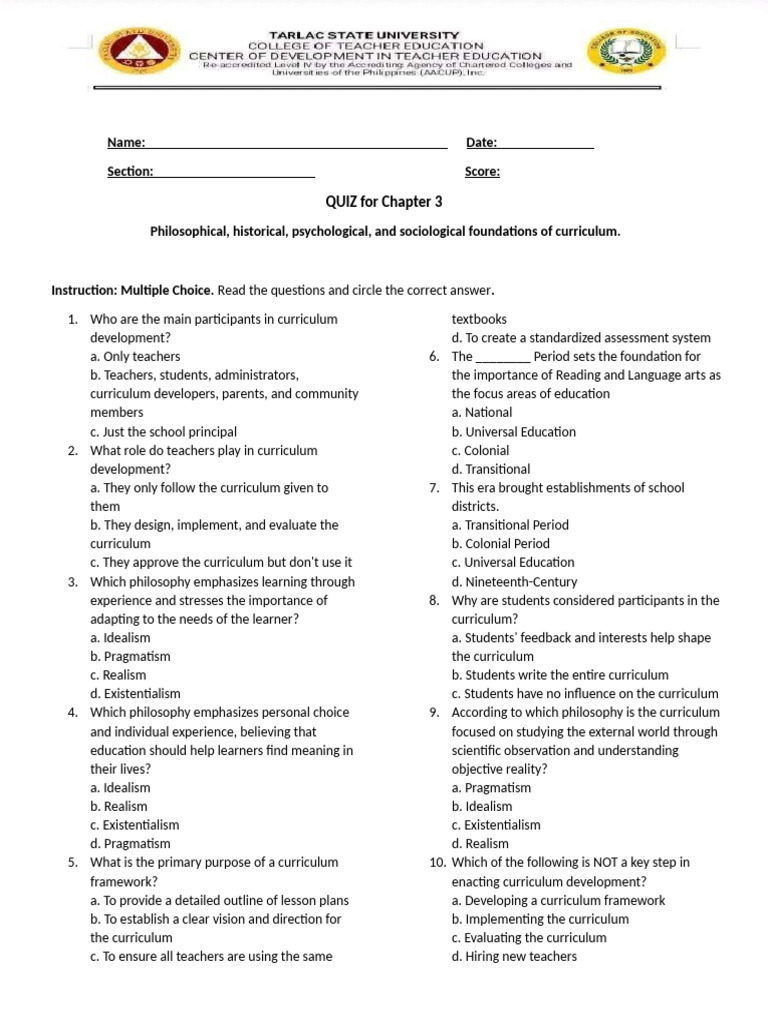 CHAPTER 3 QUIZ EDUC 205 | PDF | Curriculum | Pragmatism