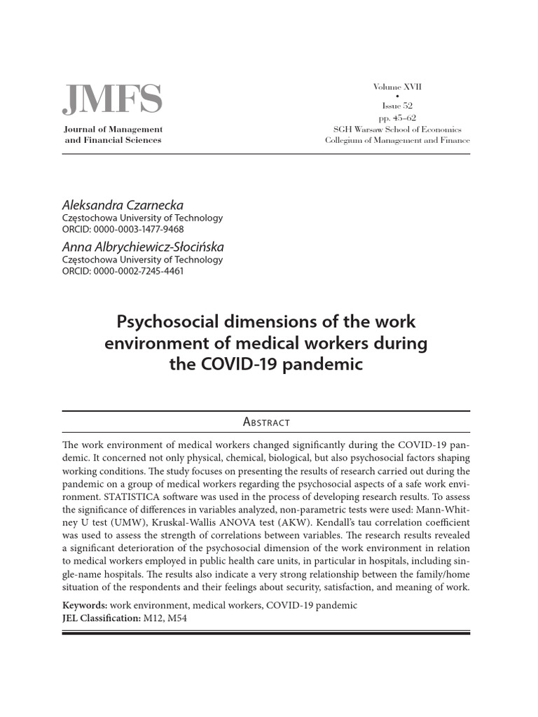 Psychosocial dimensions of the work environment of medical workers ...