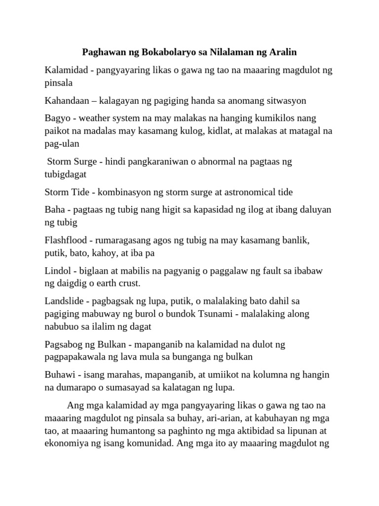 Pansariling Pagtugon sa Panahon ng Kalamidad (Notes) | PDF