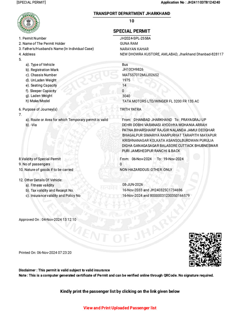 JH10CH9826 PERMIT UPTO 19 Nov 2024 | PDF | Land Transport | Motor Vehicle