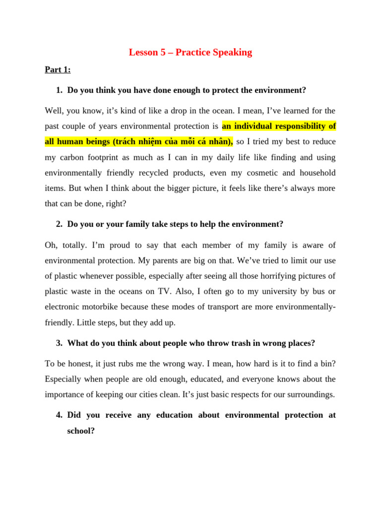 Lesson 5 - Practice Speaking - 11.01 | PDF | Environmental Degradation ...