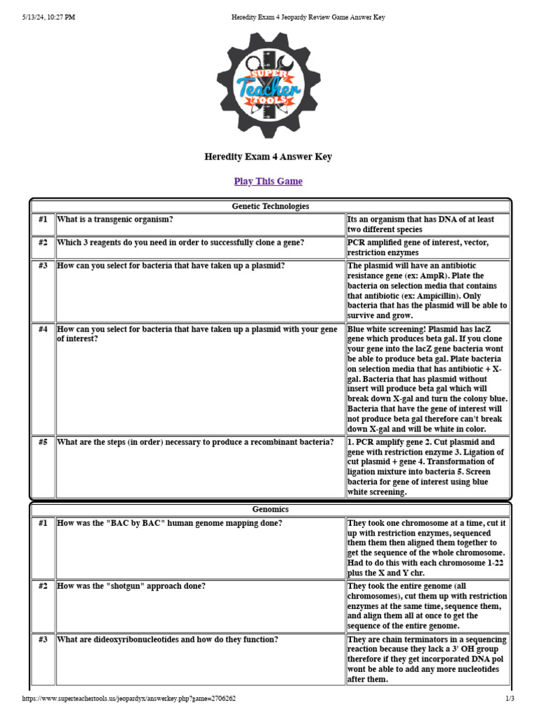 Heredity Exam 4 Answer Key Guide | PDF | Complementary Dna | Plasmid